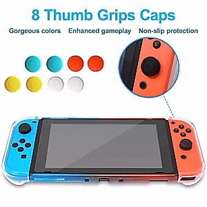 VEGCOO Switch Protective Case, Dockable Crystal Clear Shockproof Ergonomic Anti-Scratch Cover for Nintendo Switch with Glass Screen Protector & Thumb Grips Caps-Clear