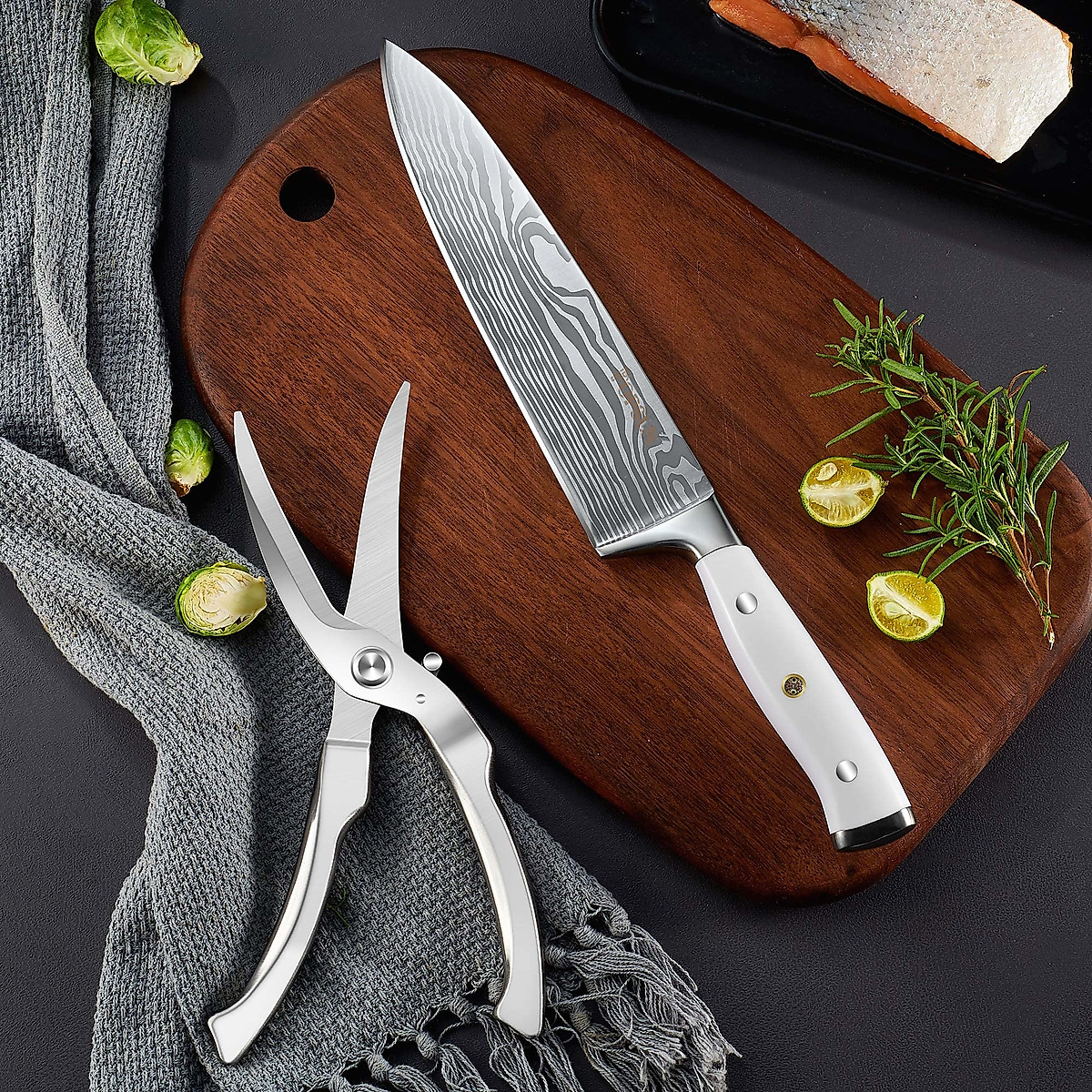 POPSUN Ultra Sharp Chef Knife, 8 Inch Kitchen Knife with Poultry Shear, Professional High Carbon Stainless Steel Chef Knife with Ergonomic ABS Handle