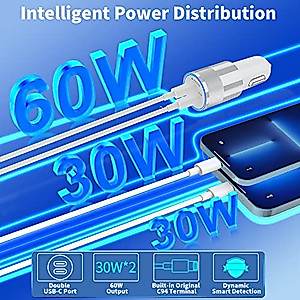 [Apple MFi Certified] iPhone Car Charger, KYOHAYA 60W Dual PD USB-C Power PPS Super Fast Car Charger with 2 Pack Type C to Lightning Quick Charging Cable for iPhone 14/13/12/11/XS/XR/X/SE/iPad/AirPods