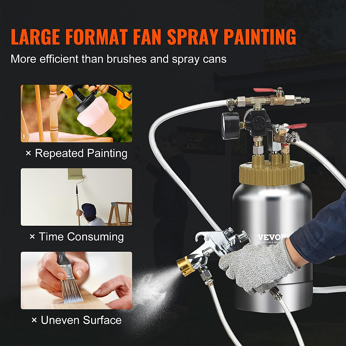 VEVOR Spray Paint Pressure Pot Tank, 2L/0.5gal Lightweight Air Paint Pressure Pot, 1.8mm Nozzle Spray Paint Gun 3m Hoses for Home Decoration Architecture Construction Automotive Painting, 45PSI Max