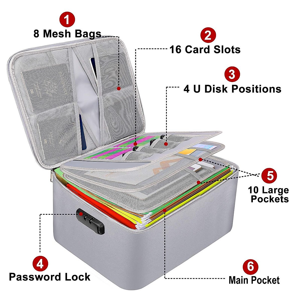 ENGPOW Fireproof & Water-Resistant Document Storage Bag 4-Layer Large Space,15" x 11" x 8" File Organizer Case with Lock,Document Safe Filing Organizer for Home Office Travel,Silver