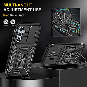 THMEIRA Phone Case for Samsung Galaxy S23 FE, Military Grade Samsung Galaxy S23 FE Case with Screen Protector [2 Pack] with Slide Camera Cover, Built-in Magnetic Ring Kickstand, Black