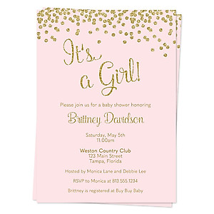 Customizable Baby Shower Invitations for Girl Pink and Gold Invites with Envelopes (12 Count)
