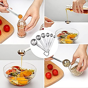 Upgrade Stainless Steel Measuring Spoons Set, Small Tablespoon, Teaspoons, Set 6 with Bonus Leveler, Etched Markings and Removable Clasp for Dry and Liquid, Fits in Spice Jars