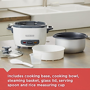 BLACK+DECKER Rice Cooker 16 Cups Cooked (8 Cups Uncooked) with Steaming Basket, Removable Non-Stick Bowl, White