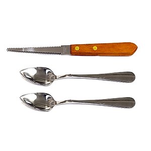 Set of 2 Grapefruit Spoons and 1 Grapefruit Knife, Stainless Steel, Serrated Edges