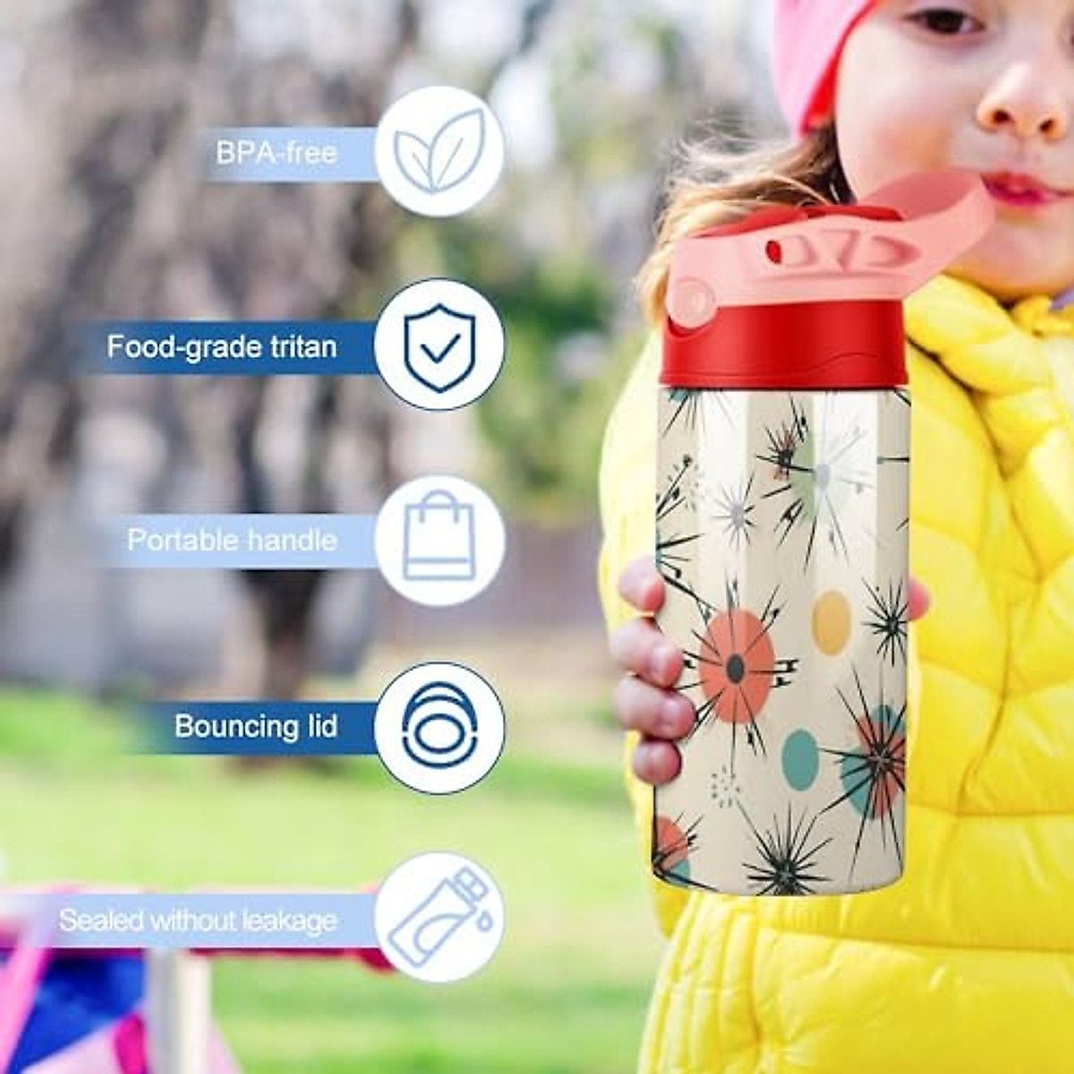 Stainless Steel Water Bottles Atomic Stars Retro Pattern Travel Water Cups with Handle And Silicone Straw Drinking Cup with Leak Proof Lid Thermo Travel Mug for Women Men