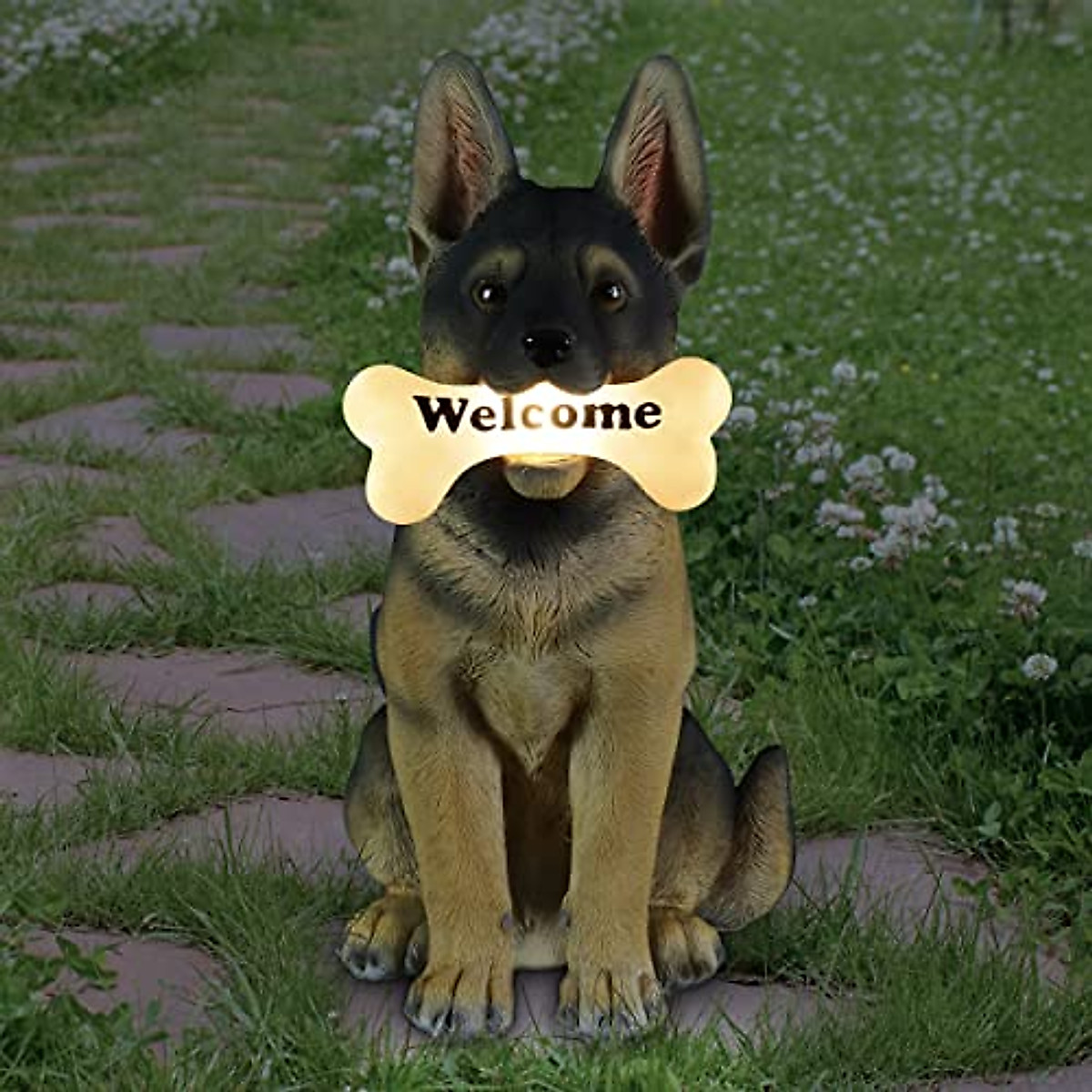 Exhart Garden Sculpture, Solar German Shepherd Dog Statue, LED Welcome Sign Bone, Outdoor Garden Decoration, 11.5 x 14.5 Inch