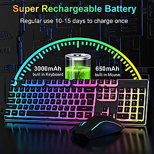 Wireless Gaming Keyboard and Mouse Combo,Translucent Pudding Keycap,3650mAh Rechargeable Battery,RGB Ergonomic Mechanical Feel Keyboard,4800 DPi Rainbow Led Mute Mouse 2.4G USB for PC/Mac(Black)
