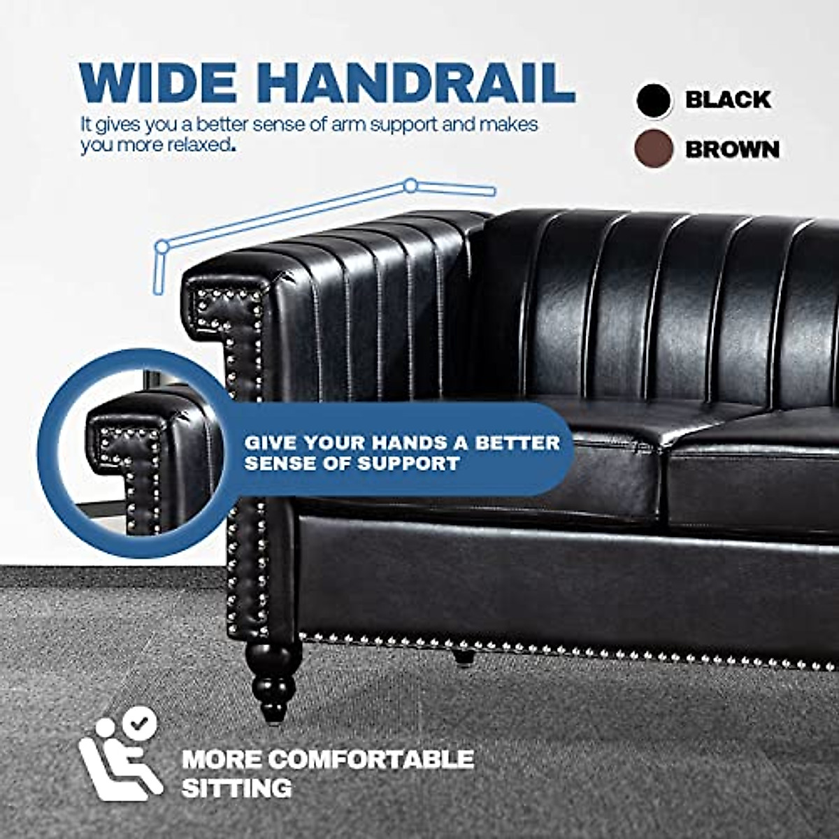 KUVENQIW Black Couches for Living Room Faux Leather Sofa Classic Large 3 Seater Couch Mid Century Modern Couch Deep Stripe Tufted Sofa for Bedroom, Office, Apartment.(Black)