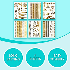 Terra Tattoos Gold Metallic Tattoo Flash Sheets Designs of Stars, Feathers, Moon & more! Face Tattoos for Women Waterproof Nontoxic Long Lasting 75+ Designs for Vacation, Festivals Parties - Gold