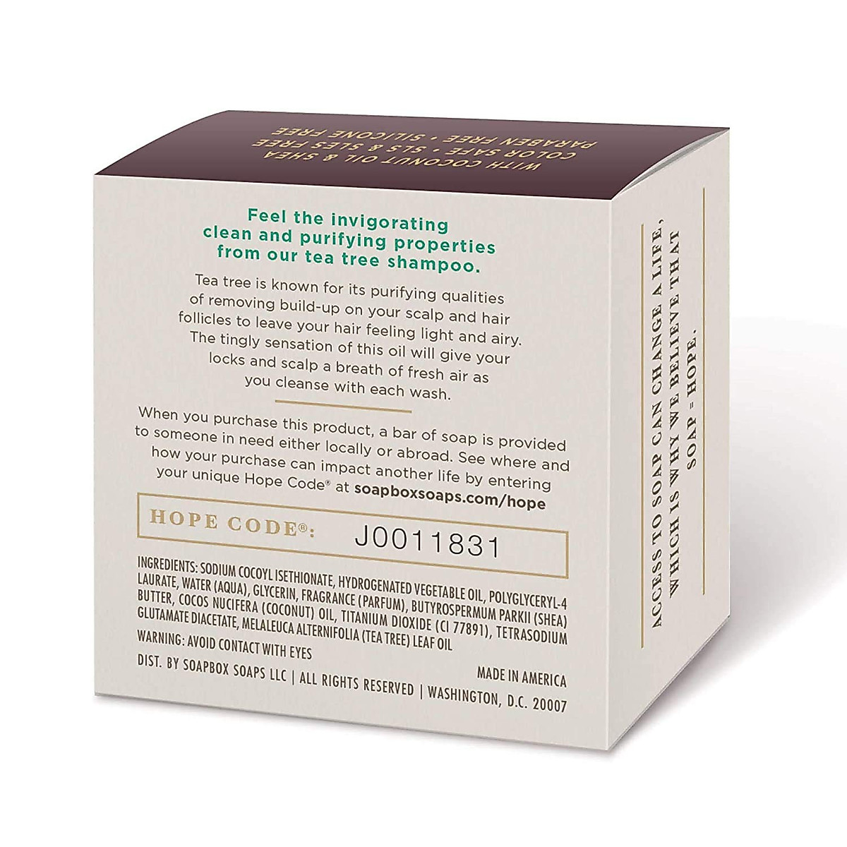 Soapbox Tea Tree Shampoo Bar for Dry Scalp | Natural, Eco Friendly, Vegan | Color Safe, free of Sulfates, Parabens, Silicones, Cruelty Free, 3.1oz (Pack of 1)