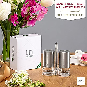 Salt and Pepper Shakers with Holder - Elegant Stainless Steel Shaker Set by urban noon