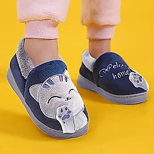Lykmera Kids Children's Boys Girls Winter Slippers Cartoon Cat Non-Slip Shoes Indoor Home Warm Cotton Slipper Shoes (Dark Blue, 5-5.5 Years Little Kids)