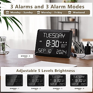 Raynic Digital Clock, 11.5" Large LED Word Display Dimmable Digital Wall Clock,Adjustable Brightness Digital Alarm Clock with Day and Date,Indoor Temperature,Snooze,12/24H,DST for Home, Office,Elderly