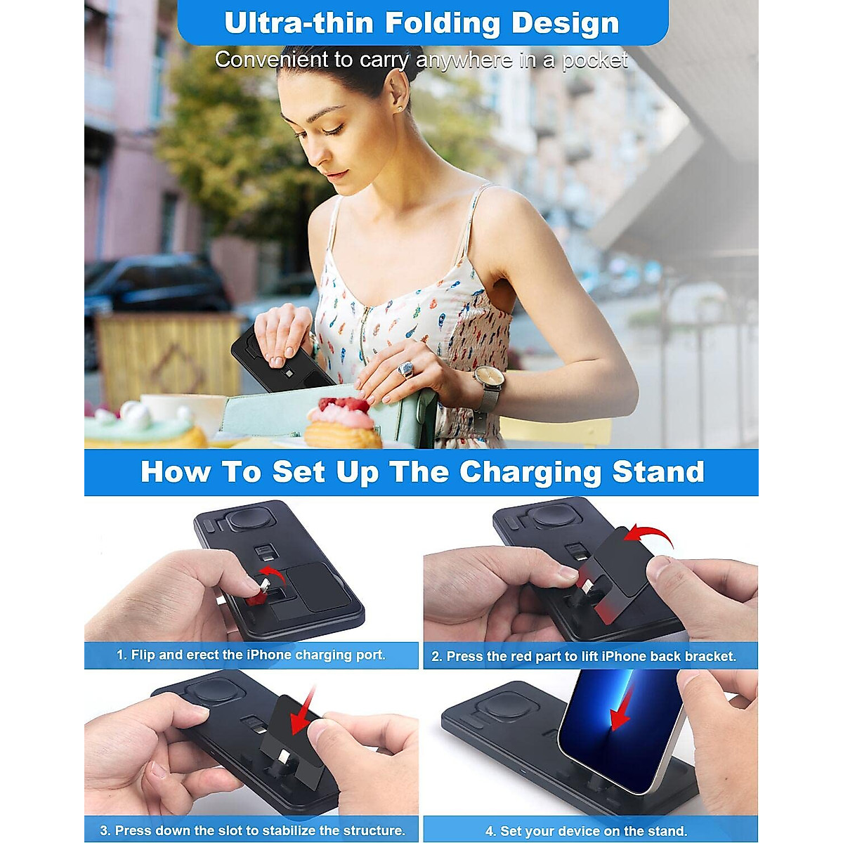 3 in 1 Charging Station for Apple Devices Foldable Charging Stand with 18W Adapter Compatible with iPhone Series AirPods Pro/3/2/1 Charging Dock for iWatch Series SE/7/6/5/4/3/2/1