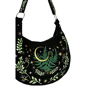 Restyle Herbal Hobo Bag Crescent Moon Stars Fern Leaf Witchy Gothic Embroidered