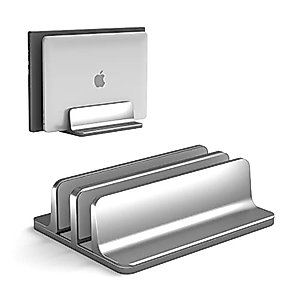 Vertical Laptop Stand Holder, Adjustable 2 Slot Aluminum MacBook Desktop Holde(Up to 17.3 inch) Space-Saving for All MacBook/Chromebook/Surface/Dell/iPad and Gaming Laptops, Silver