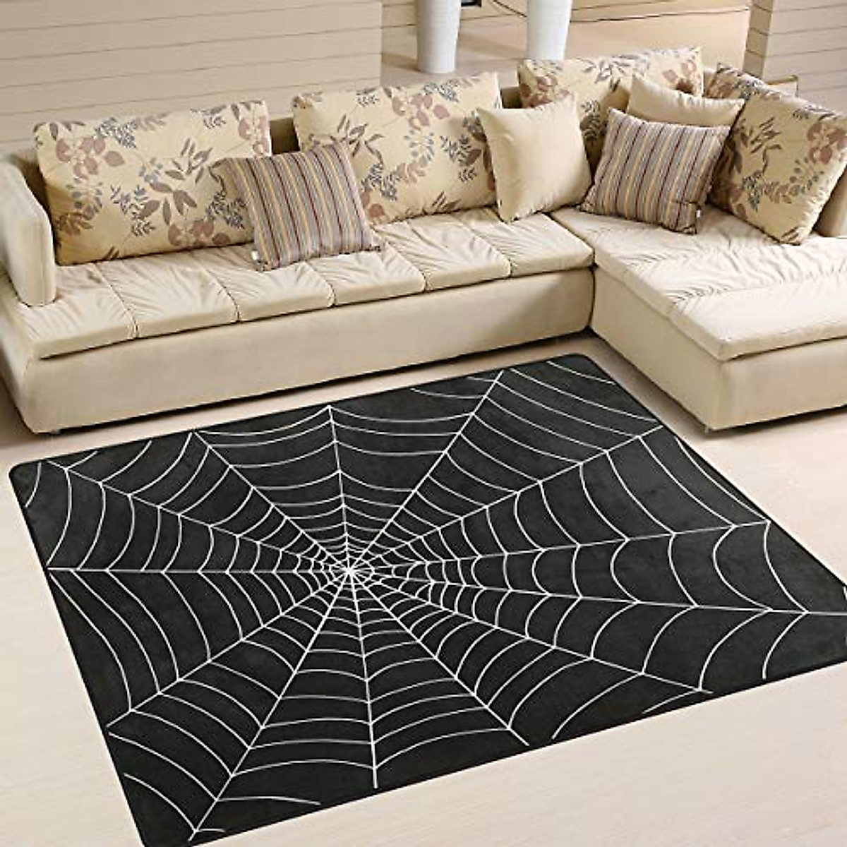 ALAZA White Spider Web on Black Indoor Modern Area Rug 4' x 5', Dining Room Home Bedroom Carpet Floor Mat Nursery Rug Room Mat