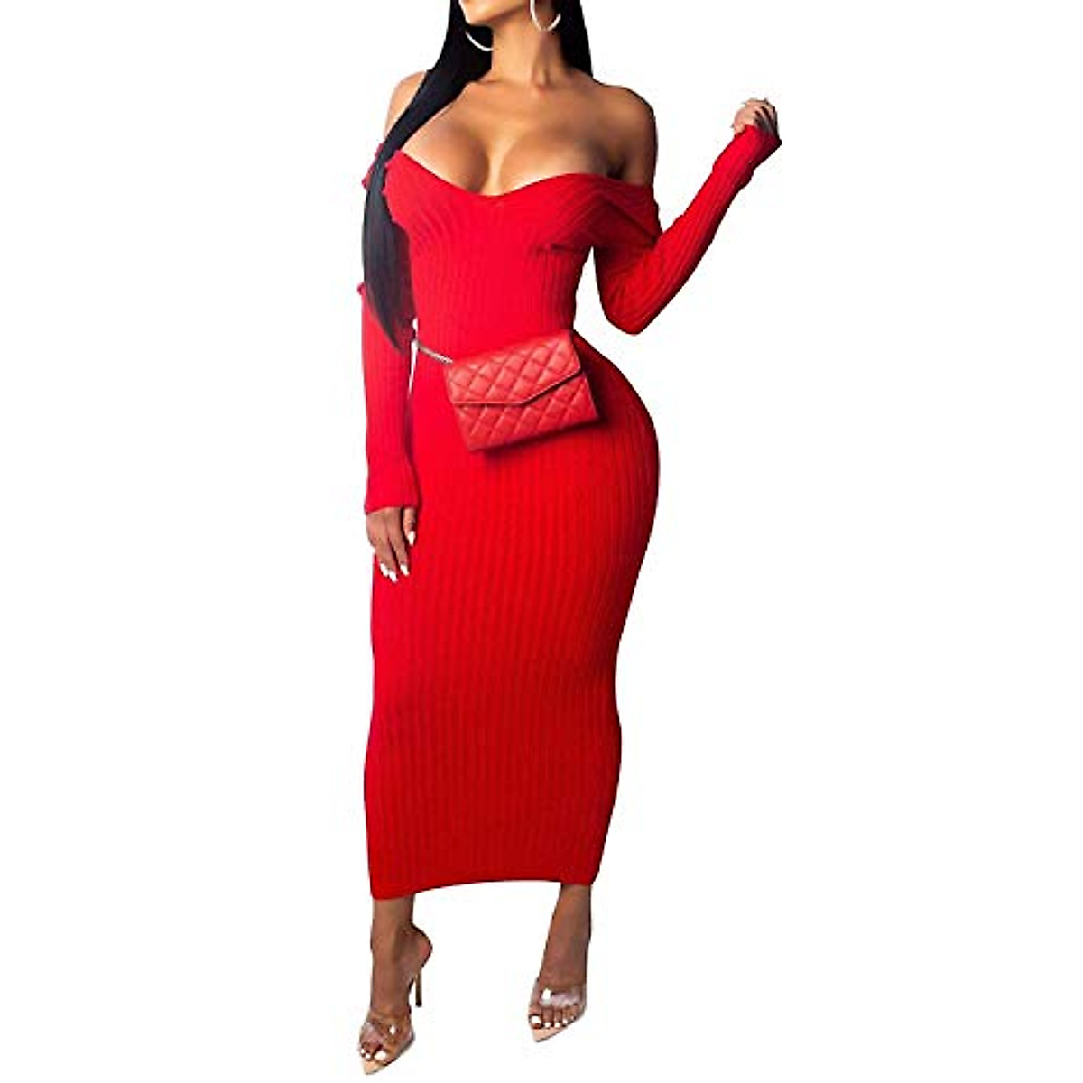 Cinyifaan Womens Deep V Neck Knit Sweater Long Sleeve Bodycon Midi Pencil Dress