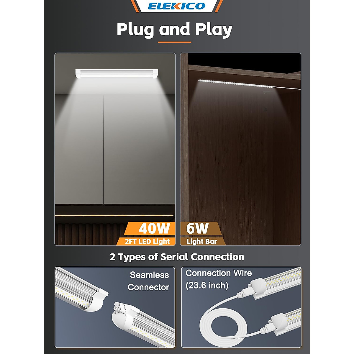 ELEKICO 4 Pack 2ft Led Shop Lights, 6000k 40w 5600lm 24 Inch Led Light Fixture Power Cord Wth on/Off Switch, Linkable 2ft Led Shop Light for Small Garage Ceiling Storage Area Workbench Basement Attic