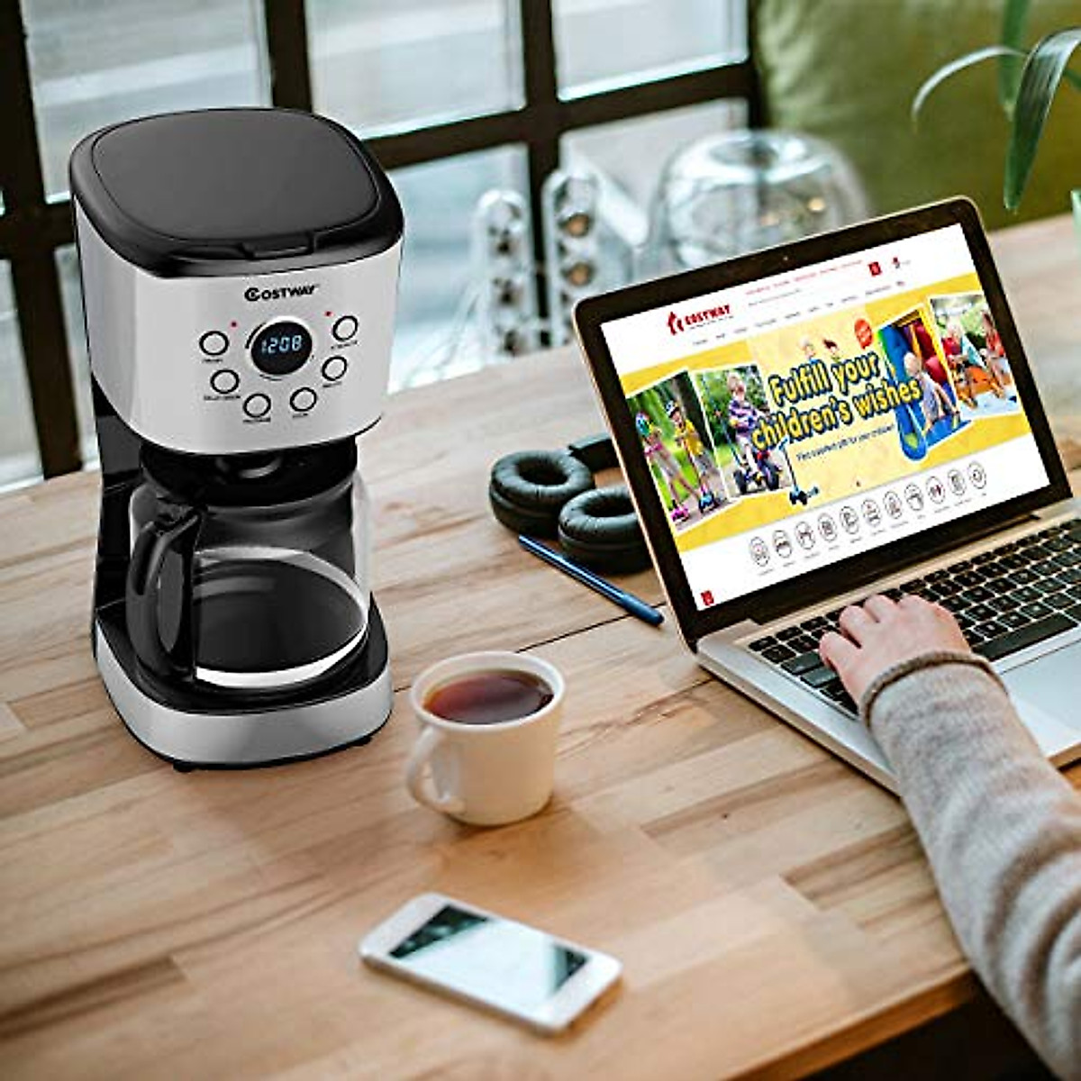 ARLIME 12-Cup Programmable Coffee Maker, 900W Drip Coffee Maker Pot W/LED Display, Brew Strength Control, Anti-Drip System, Warming Plate & Glass Carafe, Keep Warm 2-Hour Brew Coffee Machine, Black