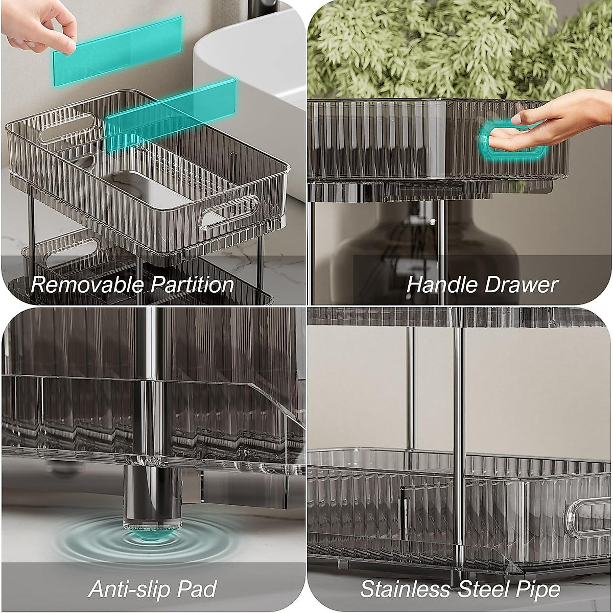 Sellemer Under Sink Organizer: Sliding Kitchen Bathroom Cabinet Organizer, Pull Out Medicine Pantry Organizer with 8 Movable Dividers, 2 Pack Grey and Clear