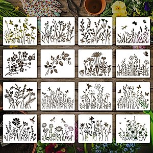 16 Pieces Wildflower Stencils for Painting, Reusable Small Spring Wild Flower Stencils Wall Stencils, DIY Small Drawing Template Stencil for Painting on Wood Wall Canvas Home Decor(5x6Inch)
