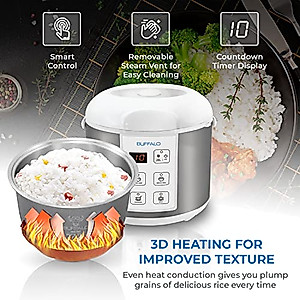 Buffalo Classic Rice Cooker with Clad Stainless Steel Inner Pot (10 cups) - Electric Rice Cooker for White/Brown Rice, Grain - Easy-to-clean, Non-Toxic & Non-Stick, Auto Warmer