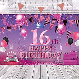 Happy 16th Birthday Backdrop Banner Pink Purple 16th Sign Poster 16 Birthday Party Supplies for Anniversary Photo Booth Photography Background Birthday Party Decorations, 72.8 x 43.3 Inch