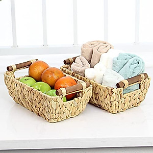 Casaphoria Small Square Irregular Hyacinth Storage Baskets Natural Hand Woven Water Hyacinth Snacks Fruits Basket Durable Trapezoid Sundries Baskets with Built-in Wooden Handles towel Basket，2-Pack