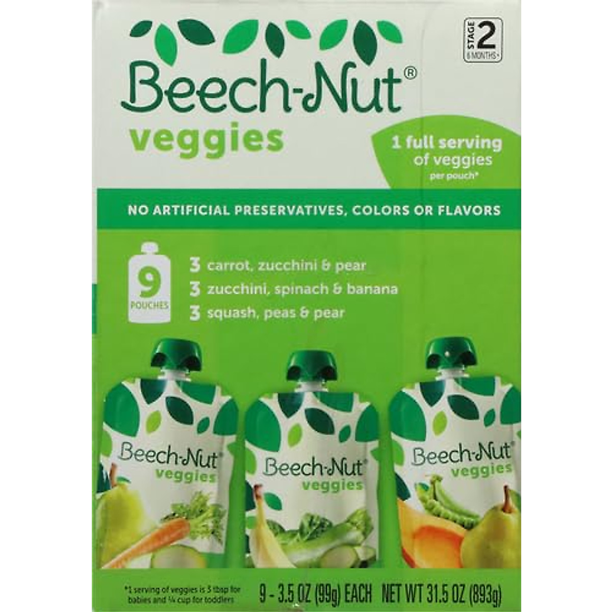 Beech-Nut Veggies Stage 2 Baby Food Variety Pack, 3.5 oz Pouch (9 Pack)