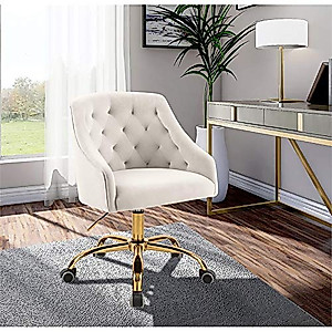Meridian Furniture Arden Collection Modern | Contemporary Velvet Upholstered Swivel and Adjustable Office Chair with Deep Button Tufting, 25.5" W x 23" D x 33"-36" H, Cream,Durable Rich Gold Base
