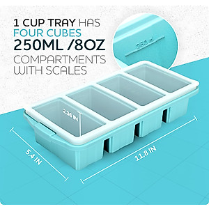 XOMOO Silicone Freezer Tray With Lid - Soup Freezer Container molds - Large Ice Cube Tray- makes 8 perfect 1 cup portions cubes, 2-Pack Freezer Storage Food Soups & Meal Prep - Oven & Dishwasher -Safe