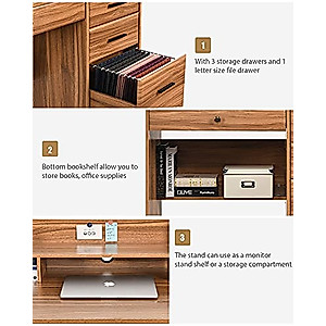 Computer Desk with 4 Drawers and Storage, Small Office Desk with File Drawers and Hutch, Farmhouse Wood Writing Student Table for Home Office, Bedroom, Rustic Oak