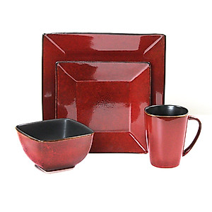 Elama Stoneware Square Dinnerware Dish Set, 16 Piece, Solid Red