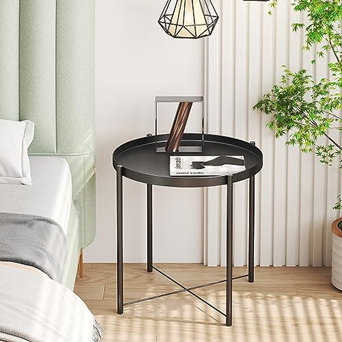 Fixwal End Table, Metal Side Table Black Round End Table Sofa Small Table with Removable Tray for Living Room Bedroom Balcony Patio and Office