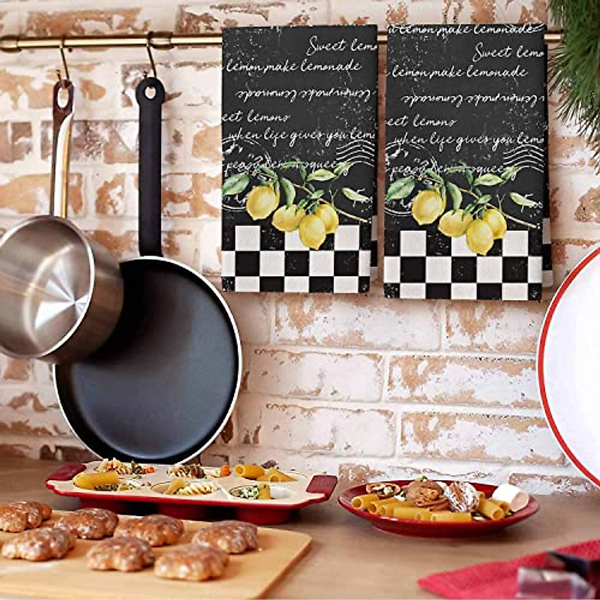 VDLBT Summer Kitchen Towels Yellow Lemon Dish Towels Dishcloth Fingertip Hand Towel Black White Plaid Soft Tea Towel Set of 2