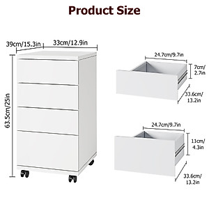 BOTLOG Mobile File Cabinet, 4-Drawer Filing Cabinet with Wheels, Rolling Pedestal Under Desk for Home Office Legal/Letter/A4 Size White