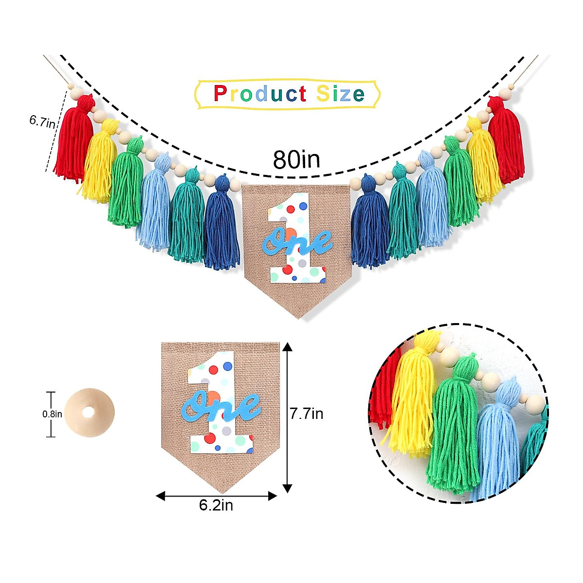 Rainbow 1st High chair Banner - Colorful Tassel Highchair Banner,1st Birthday Boyr,Cake Smash Backdrop Banner,Birthday Highchair Yarn Tassel Banner,Colorful Tassel Banner With Wooden Beads