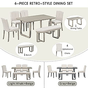 GLORHOME 6-Piece Retro-Style Set Table, 4 Upholstered Chairs & Bench | Foam-Covered Seat Backs & Cushions | Ideal for Dining Room | Light Khaki+Beige