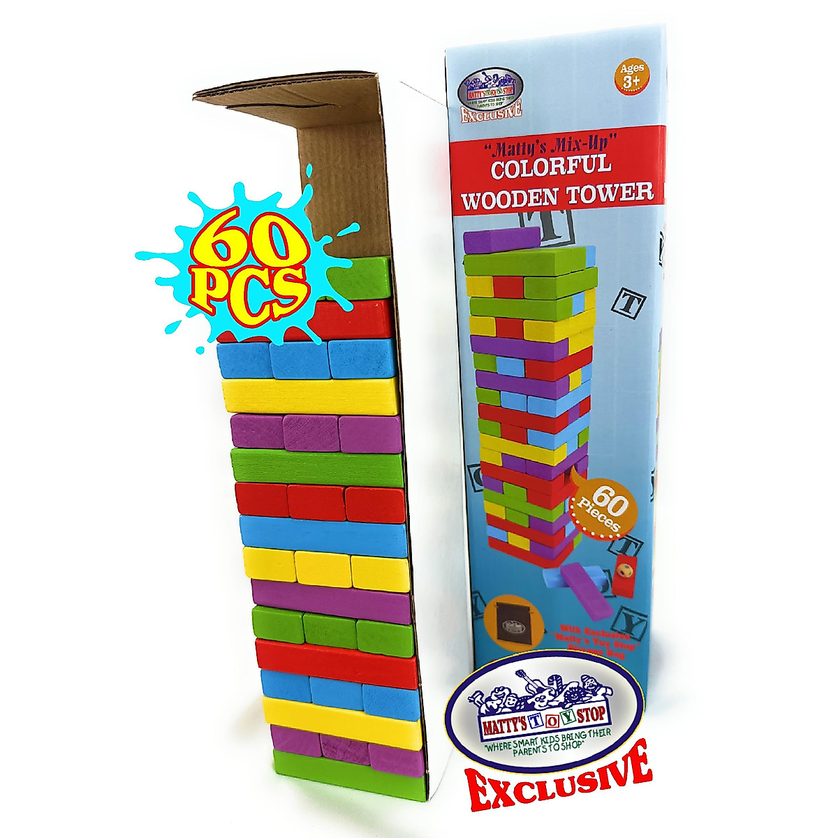 Matty's Mix-Up 60pc Large Colorful Wooden Tumble Tower Deluxe Stacking Game with Storage Bag