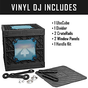 UbeCube CrateVinyl DJ - Vinyl Record Storage Crate Modular Storage Cube for LP Albums with Divider, Rubber Handles and Transparent Panels (Black crate - Blue tint panels)