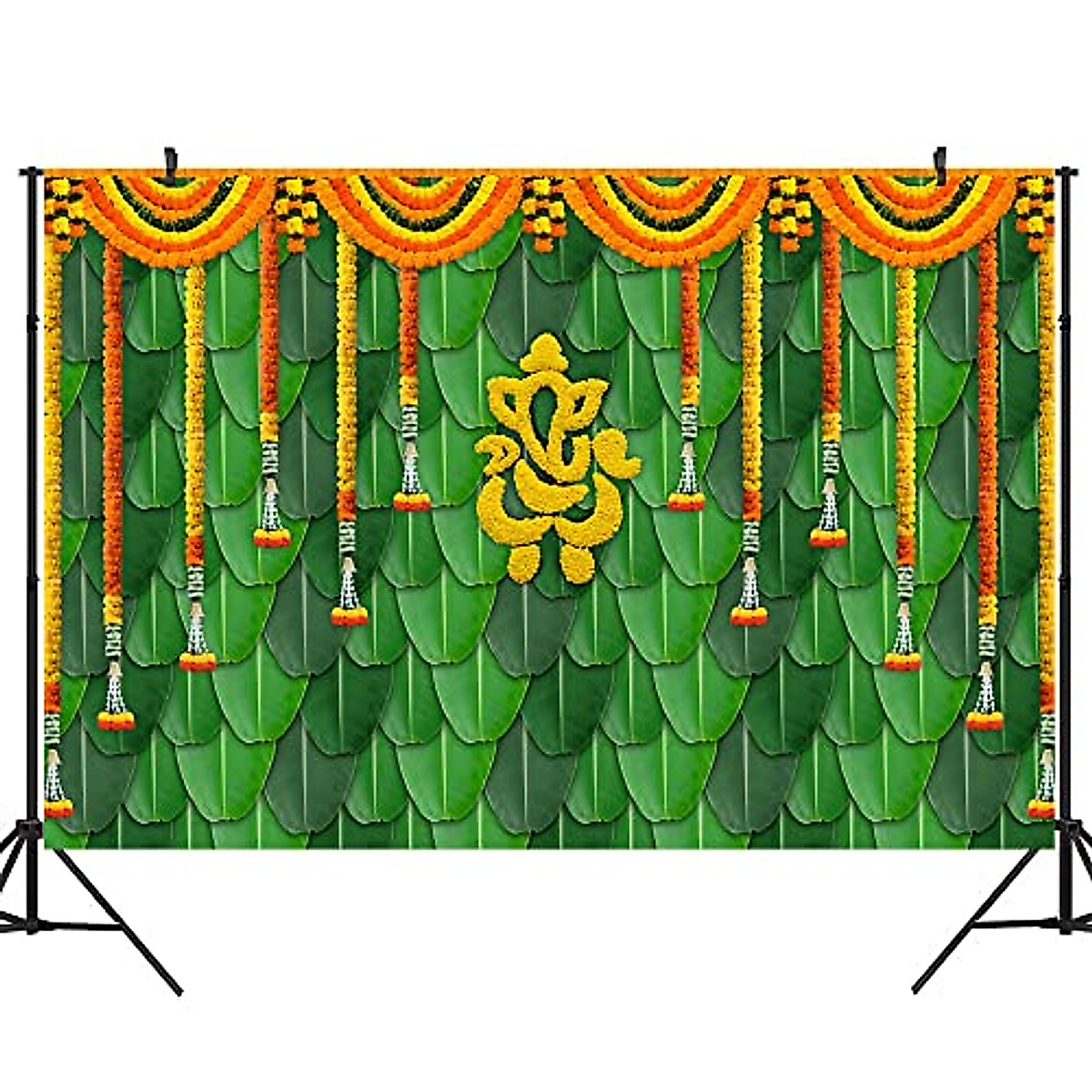 Ticuenicoa 9×6ft India Pooja Traditional Photography Backdrop Banana Leaf Green Chatiya Ganesh Background Marigold Puja Ganpati Wedding Photo Tapestry Booth Props