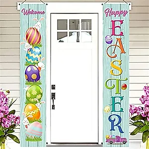 Easter Porch Banner, Front Door Hanging Banners Flags Welcome Happy Easter Day Eggs Gnome Bunny Party Decor Porch Sign,Twill Fabric Wall Decoration for Indoor Outdoor Home Yard Farmhouse (A)