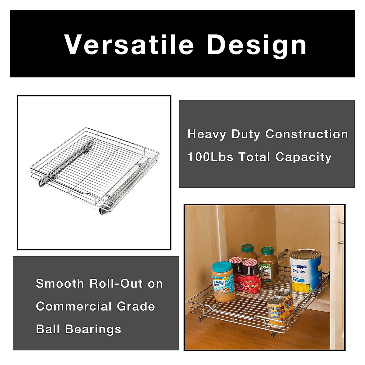 Smart Design Pull-Out Cabinet Organizer – Single Level Chrome, Extra Large – Steel Sliding Cabinet Organizer Holds Up To 100 lbs. for Optimal Home Organization and Storage