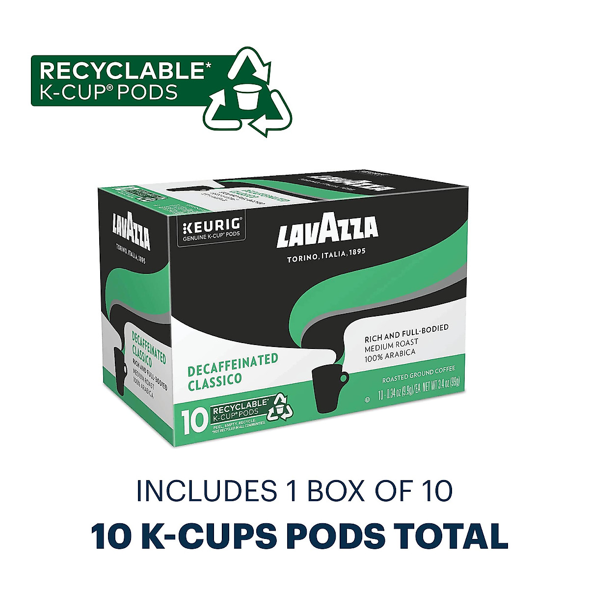 Lavazza Classico Decaf Single-Serve Coffee K-Cups for Keurig Brewer, Medium Roast, 10 Count Box ,Rich and full-bodied flavor delivers a uniquely intense aroma of dried fruits, 100% arabica coffees