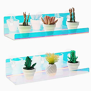 Iridescent Window Shelf for Plants, 2 Acrylic Window Mounted Shelves, Plant Window Shelf For Bathroom, Shower & Kitchen, Rainbow Iridescent Decor Modern Acrylic Suction Cup Window Ledge Plant Shelf