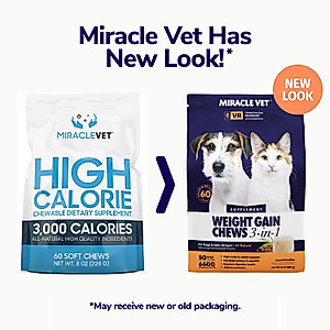 MIRACLE VET Weight Gain & Recovery Chews 3-in-1 for Dogs & Cats - 3,000 kcal - High Calorie Pet Treats for Body Mass & Health - 60 Chews