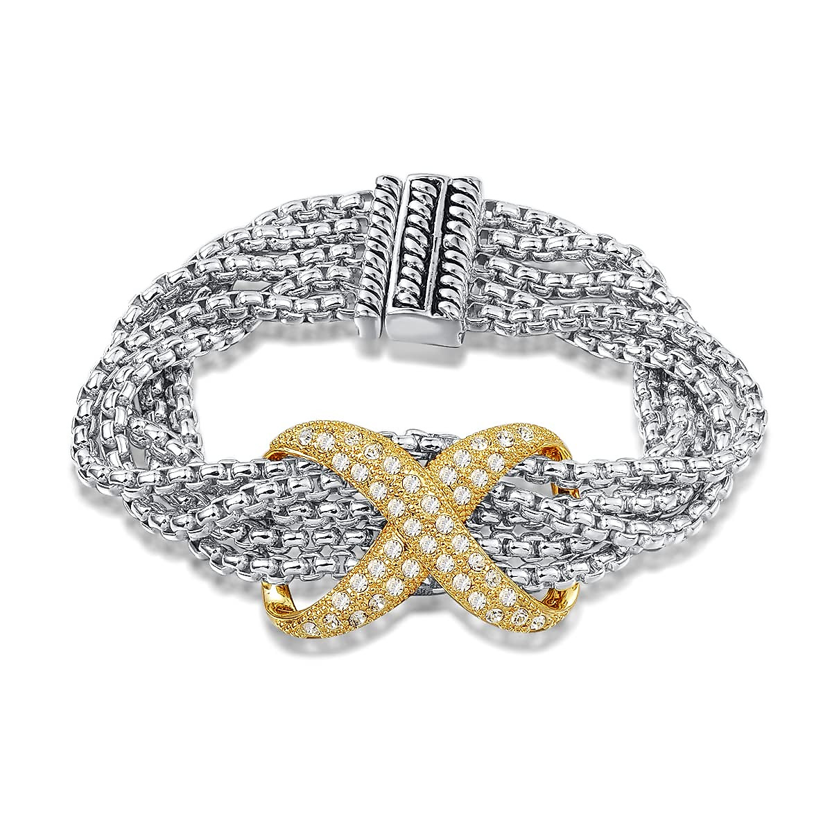 UNY JEWEL Jewelry X Bar 5 Strand Box Chain Magnetic Clasp Wide Bracelet Designer Inspired Christmas Day Gifts (Two Tone 6.50 Inch)